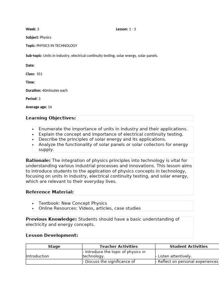 WK 3 PHYSICS SS1 Lesson Plan | PDF | Physics | Concept