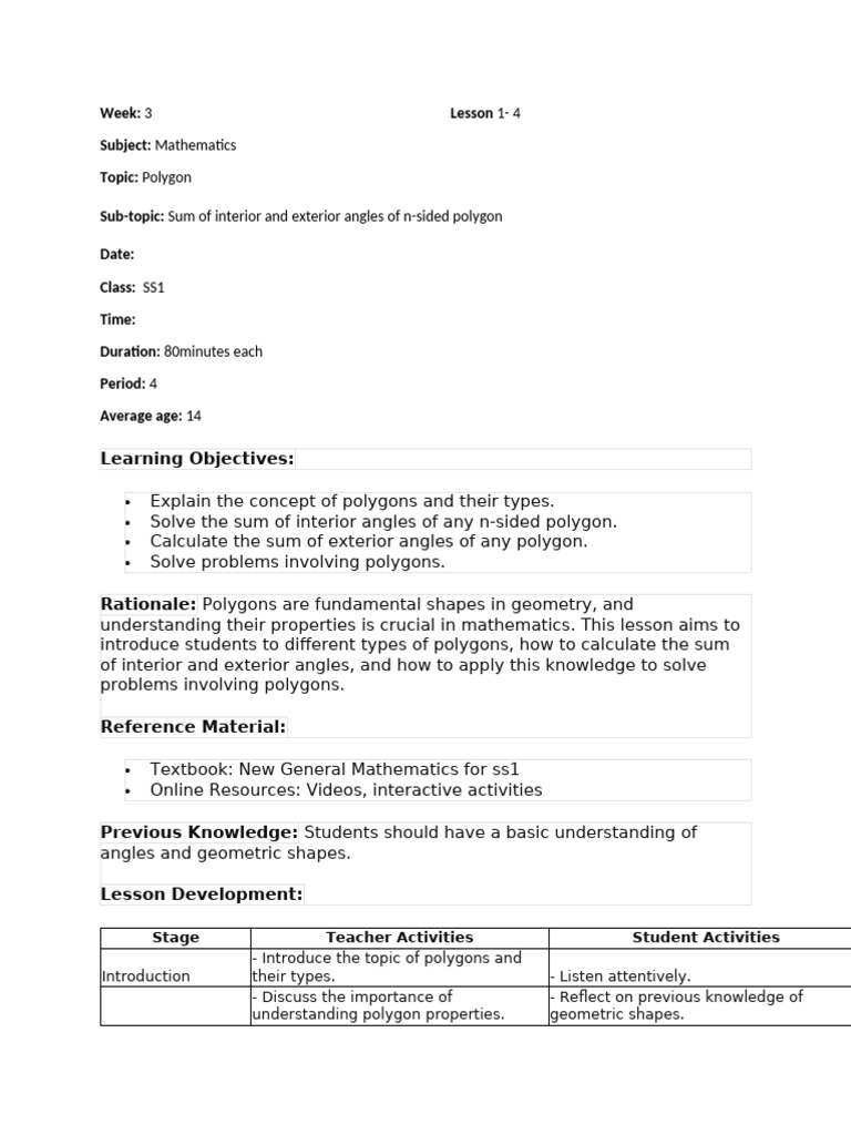 Wk 3 Maths Ss1 Lesson Plan Pdf Mathematics Geometry