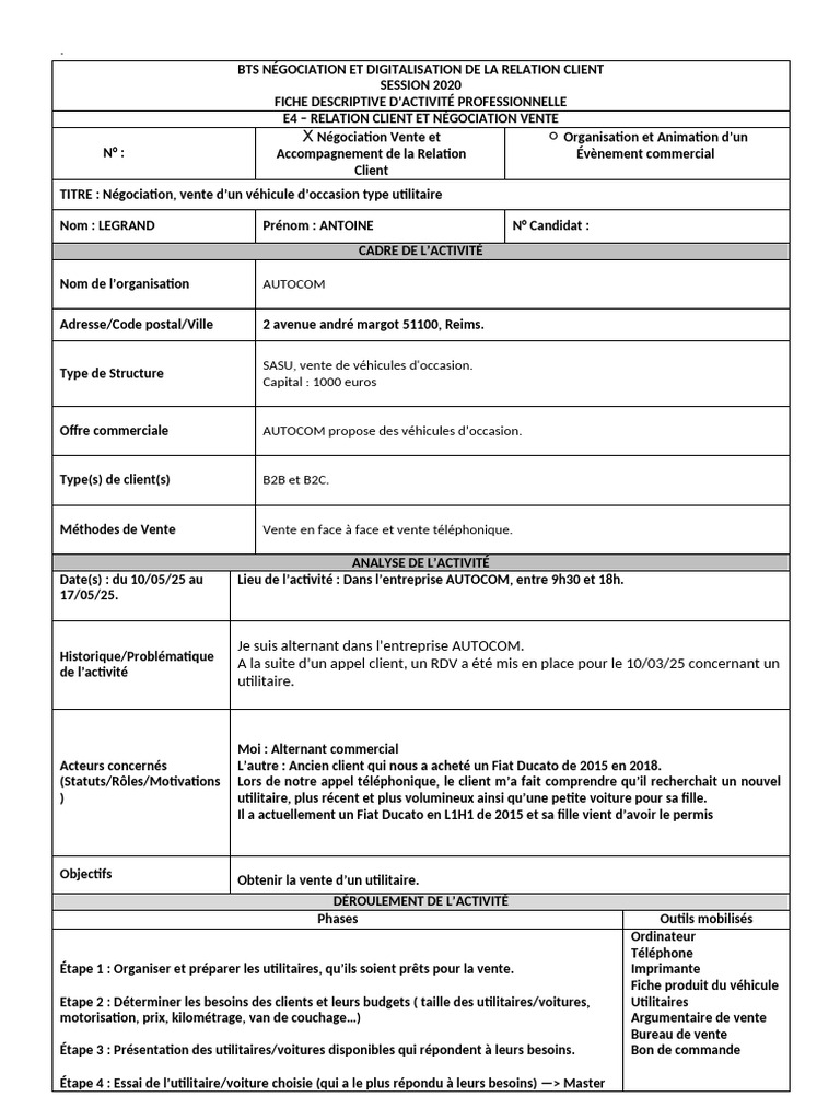 Fiche Descriptive E4 Cas Concret Nego Vente | PDF | Gestion de la ...