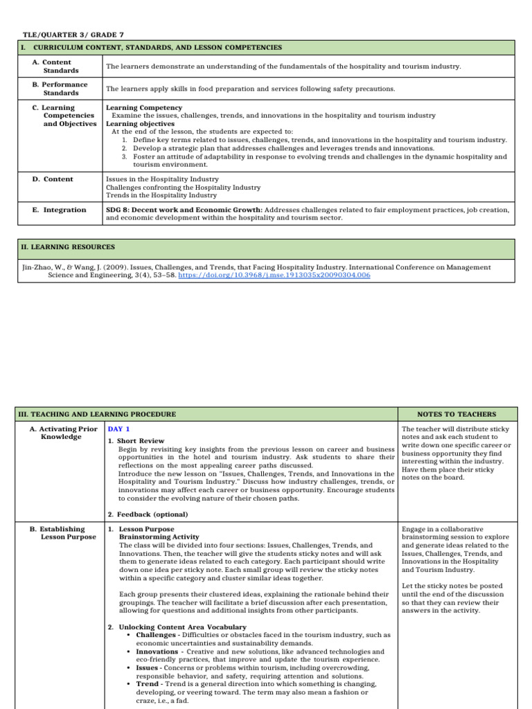 Q3 - LE - TLE 7 - Lesson 3 - Week 3 | PDF | Resort | Learning