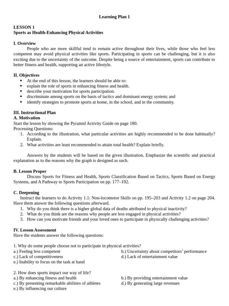 Learning Plan 1 | PDF | Physical Fitness | Sedentary Lifestyle