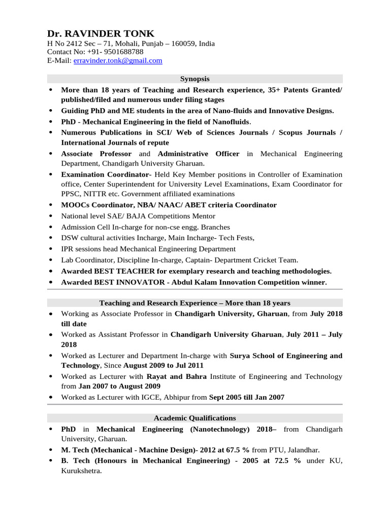 DR Ravinder Tonk Resume | PDF | Elevator | Engineering