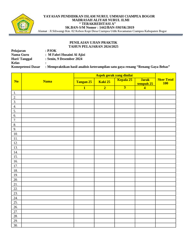 Format Penilaian Ujian Praktik PJOK | PDF