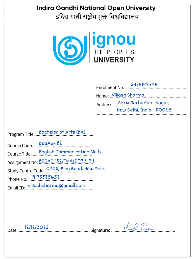 IGNOU Assignment Front Page PDF Filled | PDF