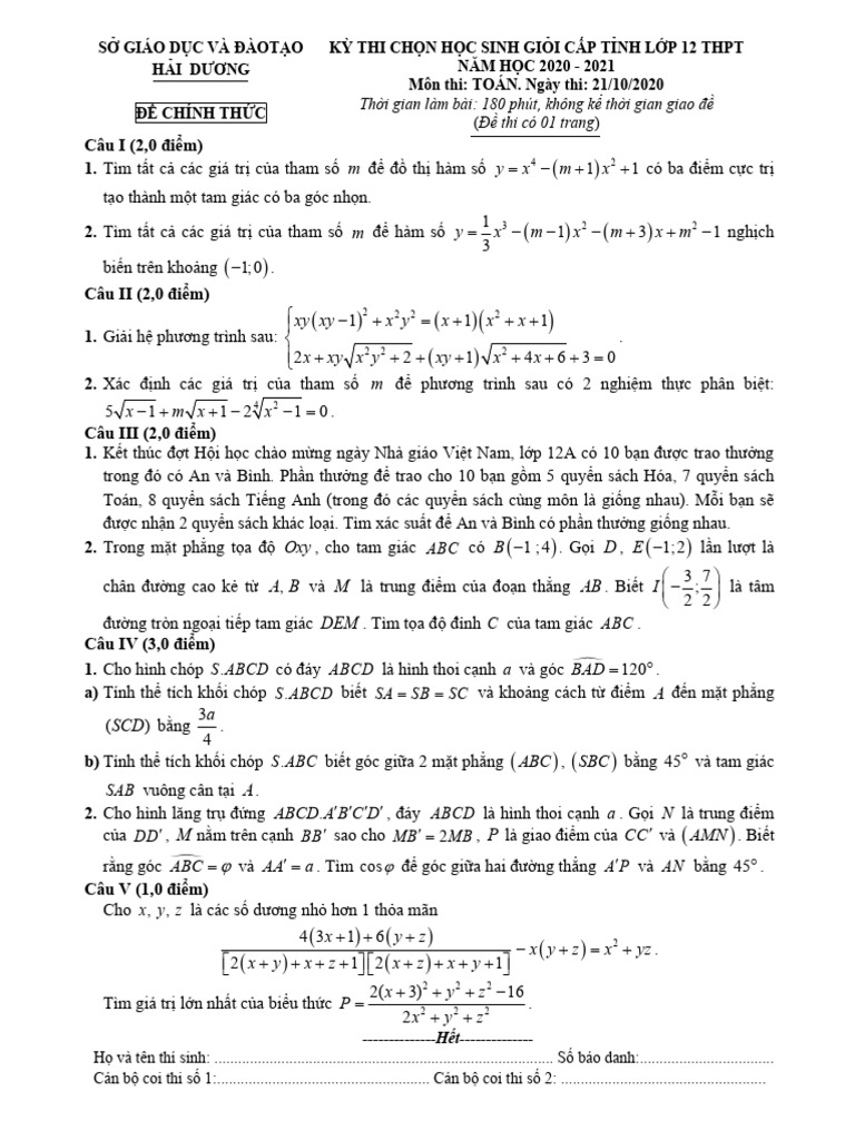 De Chon Hoc Sinh Gioi Tinh Toan 12 Nam 2020 2021 So GDDT Hai Duong | PDF