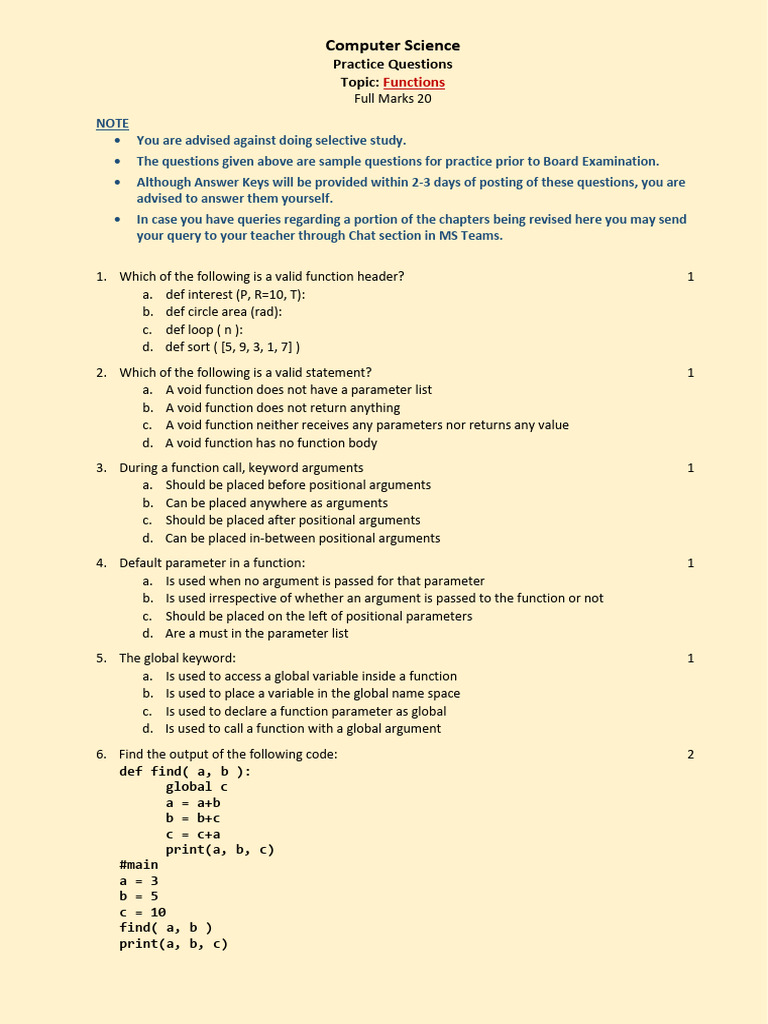 Computer Science Practice Questions 1 Functions Pdf Parameter Computer Programming