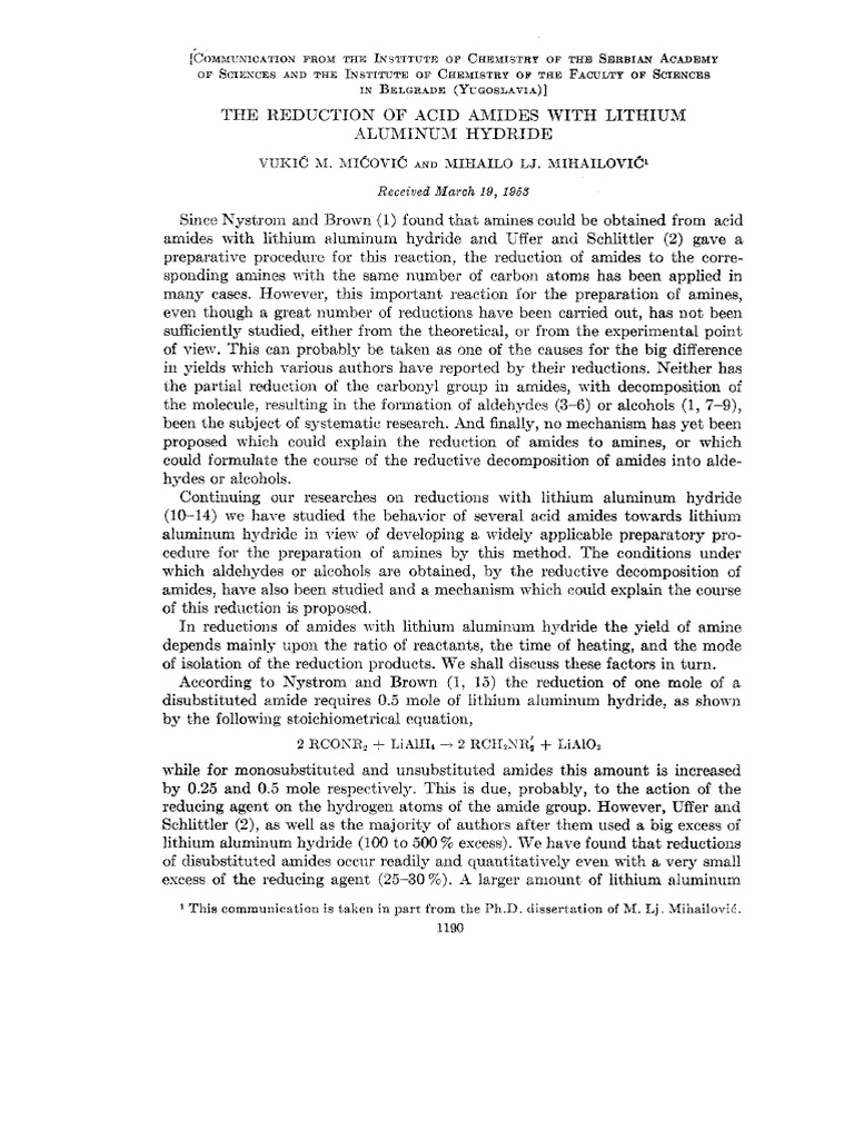 Micovic Mihailovic 2002 The Reduction of Acid Amides With Lithium Aluminum Hydride | PDF | Amide ...