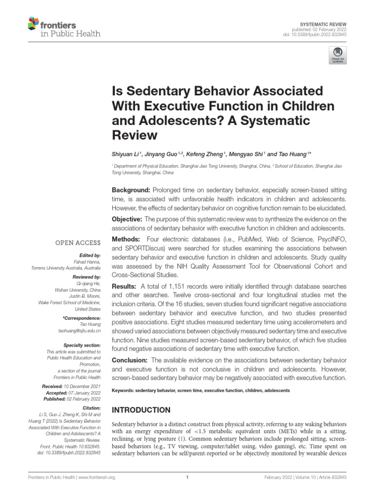 Sedentary Behavior and Executive Function | PDF | Systematic Review ...