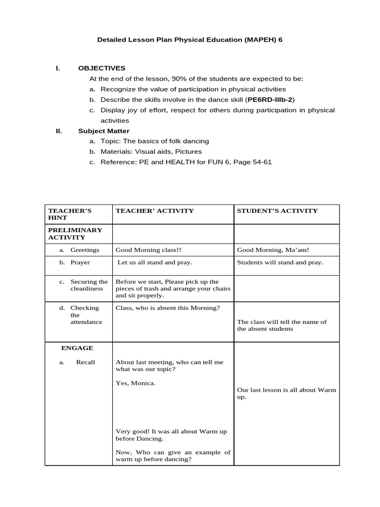 Detailed Lesson Plan Physical Education | PDF | Learning