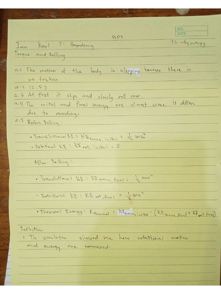 Ian Karl Bagadiong Torque and Rolling | PDF