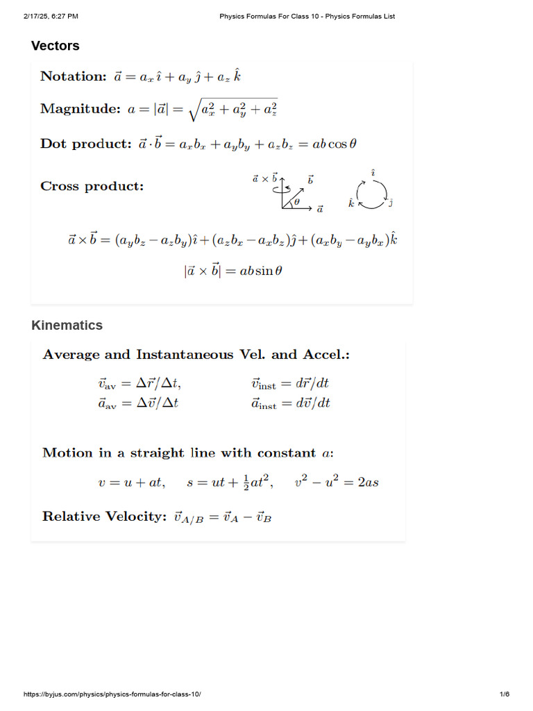 Physics Formulas For Class 10 - Physics Formulas List | PDF