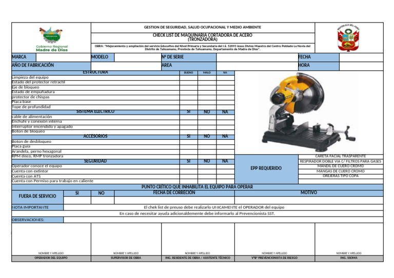 7.- CHECK LIST DE EQUIPO DE PODER - TRONZADORA | PDF