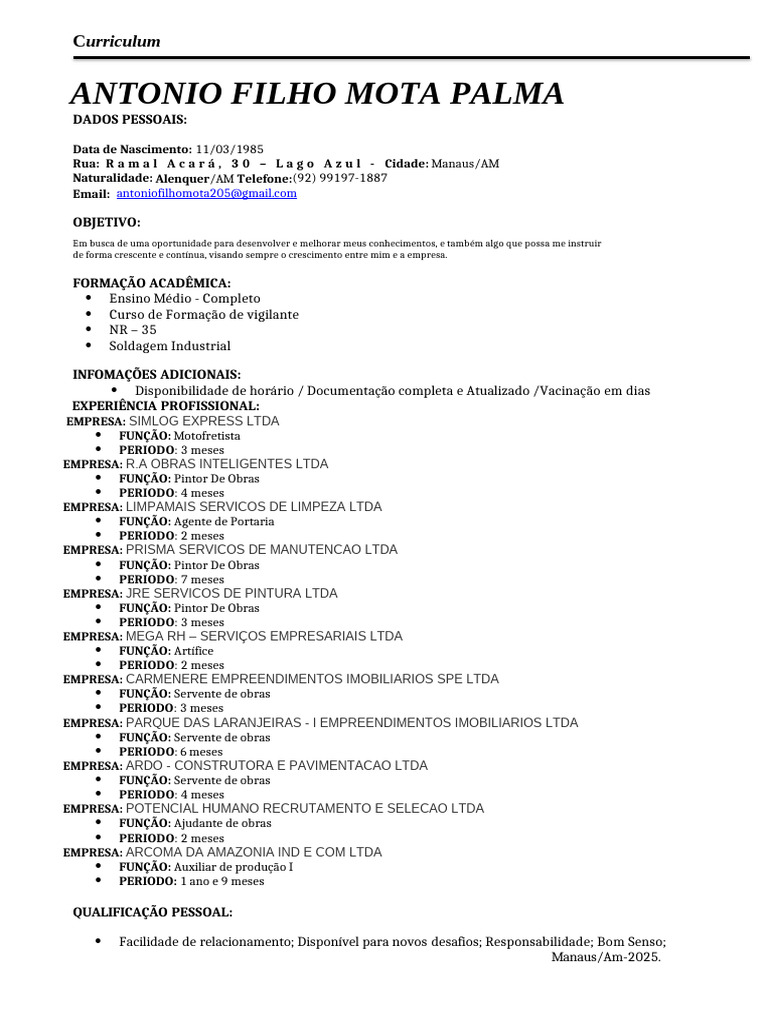 CV Antonio Vigilante Pintor Predial Fachada | PDF