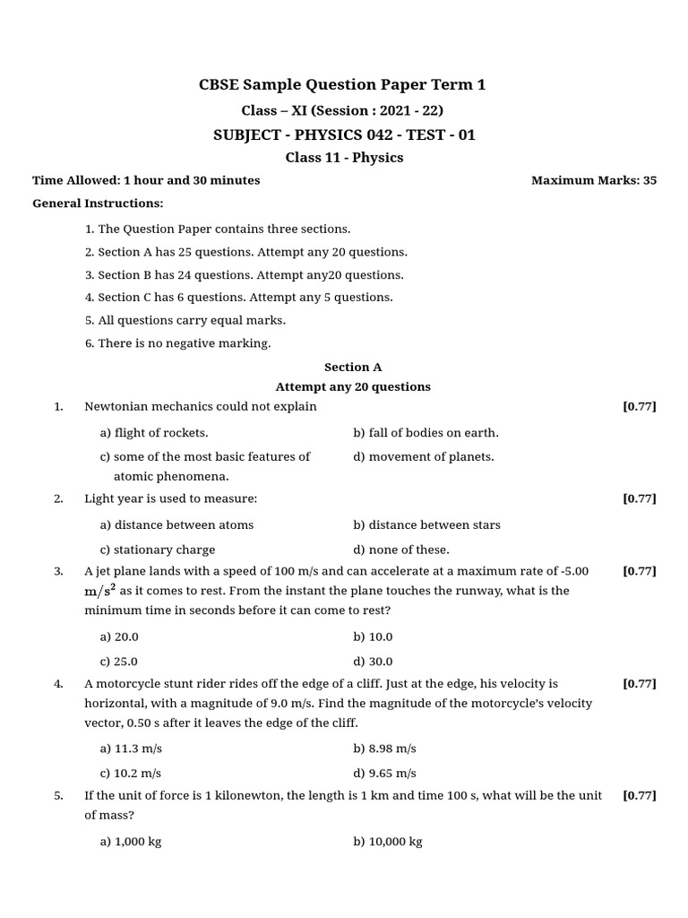 Physics Sample Paper Set 1 | PDF | Force | Acceleration
