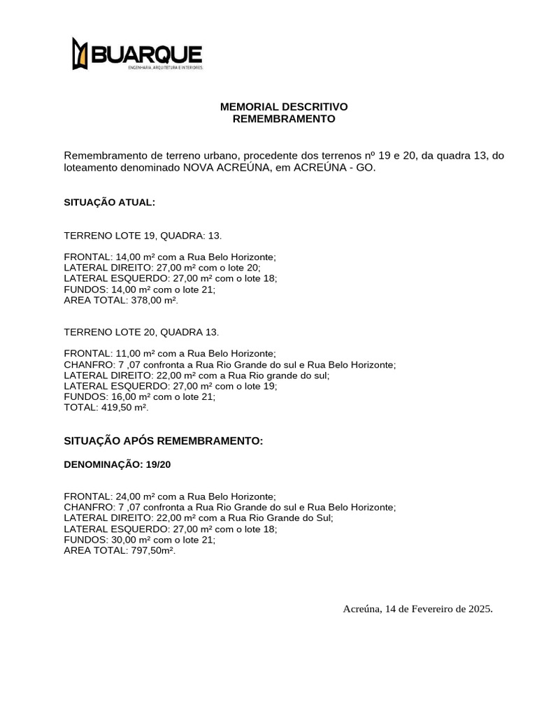 Memorial Descritivo Remembramento | PDF