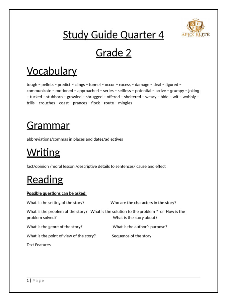 Grade 2 Study Guide Quarter 4 | PDF