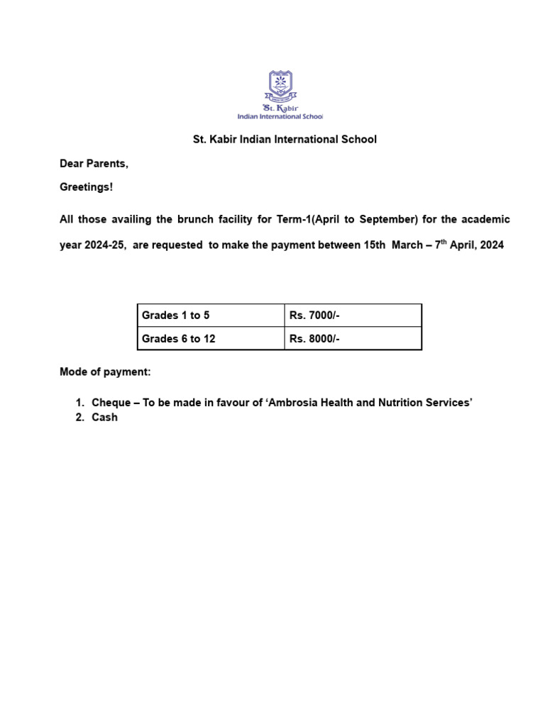 Term-1 Brunch Circular 2024-25 1 Docx | PDF