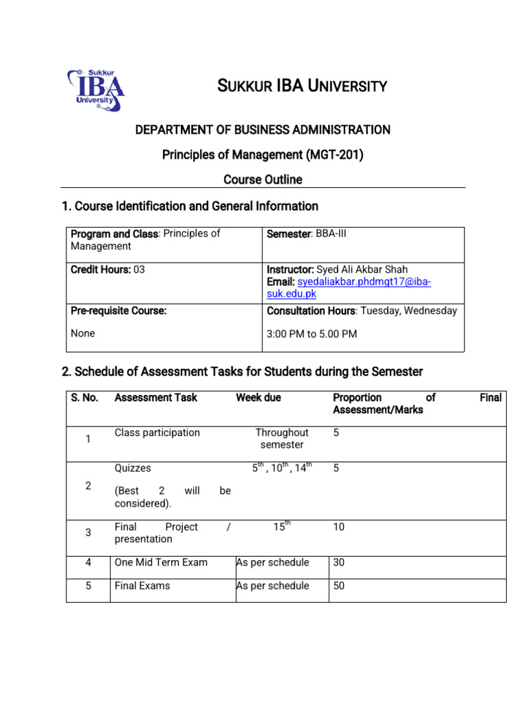 Course Outline - Fall-2022 - Principles of Management | PDF