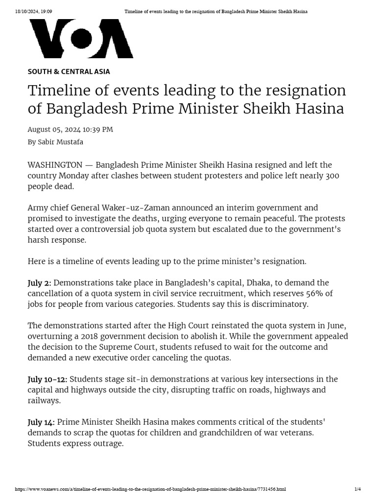 Timeline of Events Leading To The Resignation of Bangladesh Prime Minister Sheikh Hasina | PDF ...