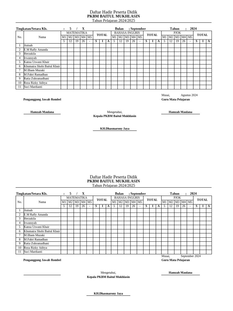 Absensi Mapel Hamzah- SMA | PDF