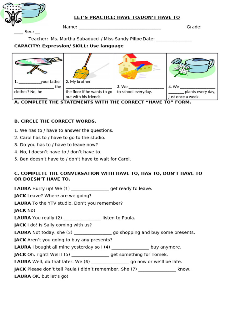 Have To/Don't Have To Exercises | PDF