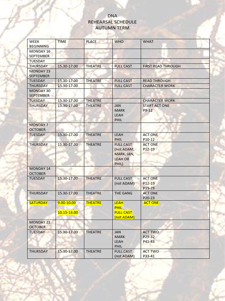 Dna Schedule Autumn Term | PDF