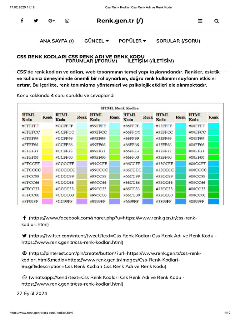Css Renk Kodları Css Renk Adı Ve Renk Kodu | PDF