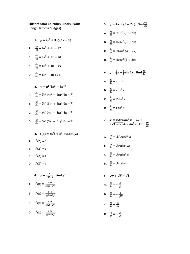 Differential Calculus Final Exam Review | PDF | Mathematical Concepts ...