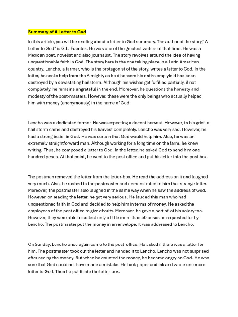 Summary of "A Letter to God" | PDF