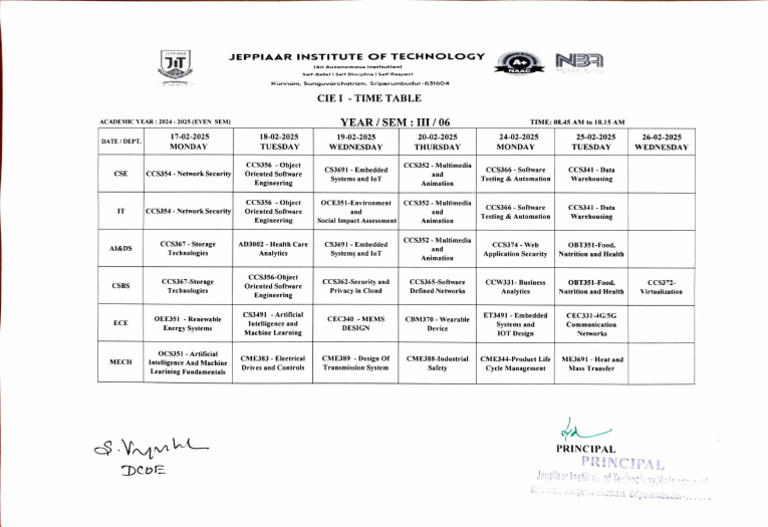 III YEAR CIE I Time Table | PDF | Internet Of Things | Computing