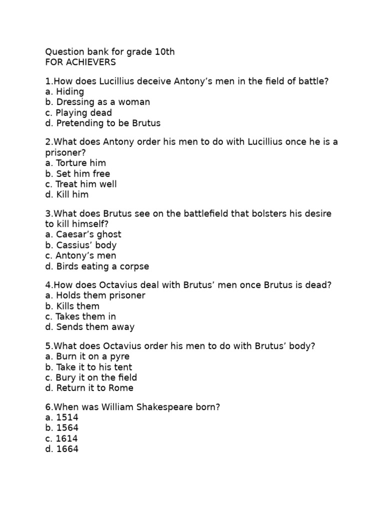 Question Bank For Grade 10th | PDF | Julius Caesar | Mark Antony