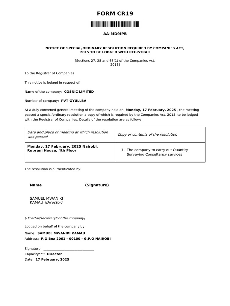 CR19 Form Submission for COSNIC Limited | PDF