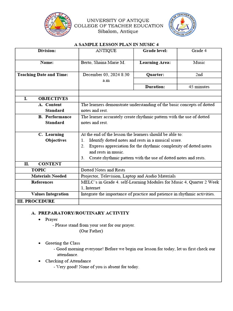 A Sample Lesson Plan in Music 4 | PDF | Learning | Behavior Modification