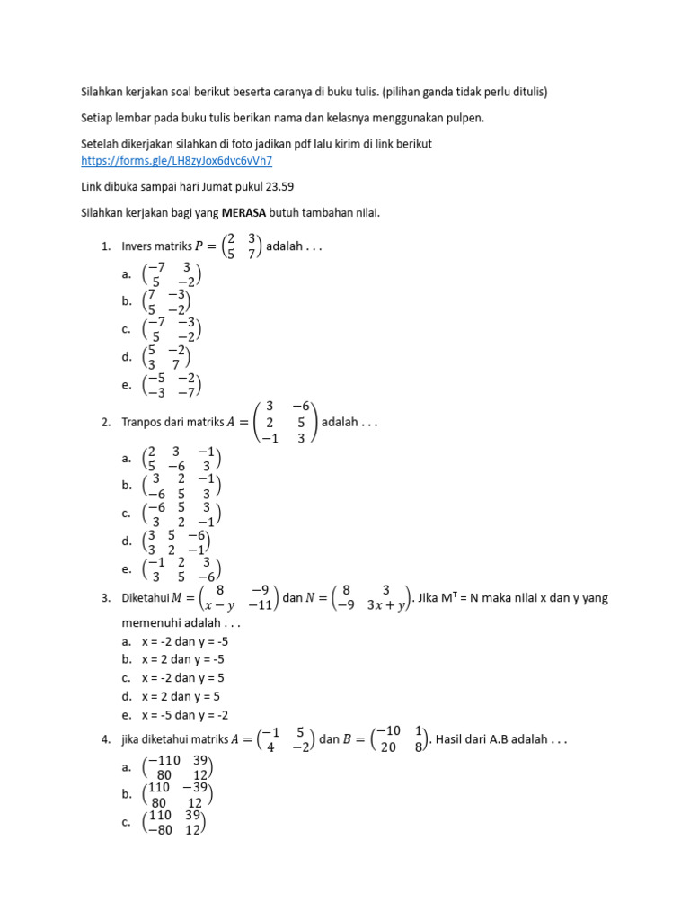 Soal Matriks Kelas XI | PDF