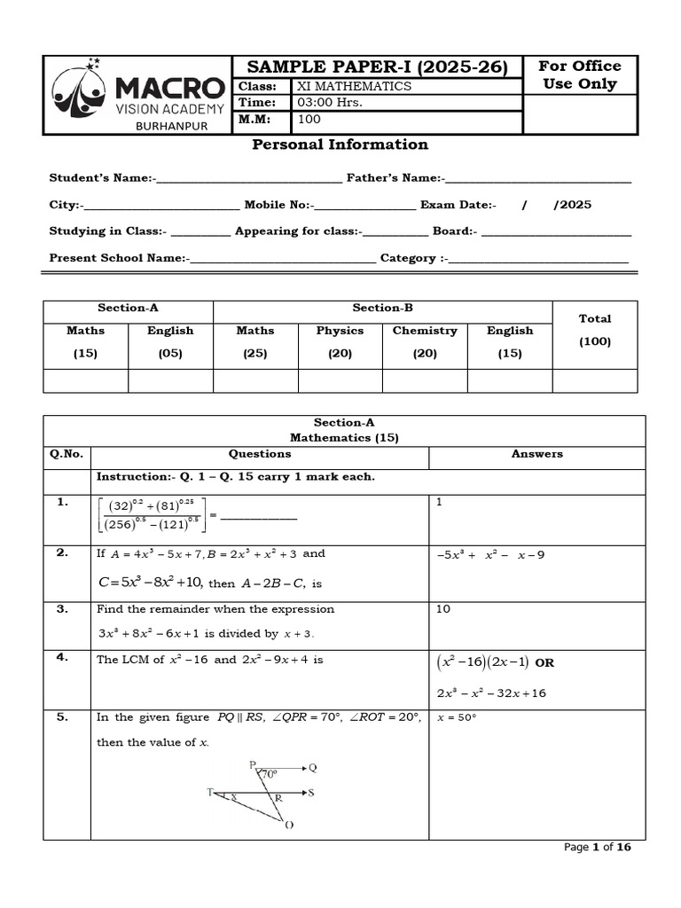 Xi Mathematics Sample Paper-I Ans Key1 | PDF