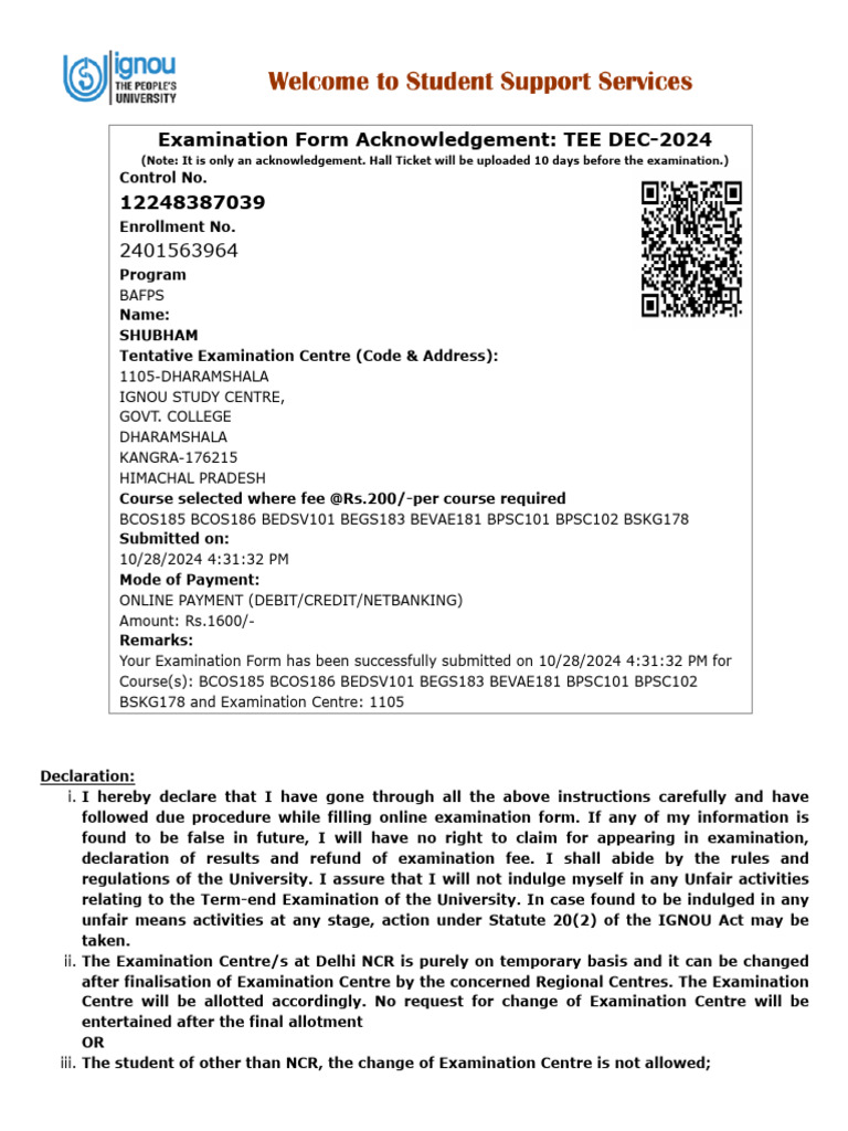 IGNOU - Examination Form Acknowledgement | PDF