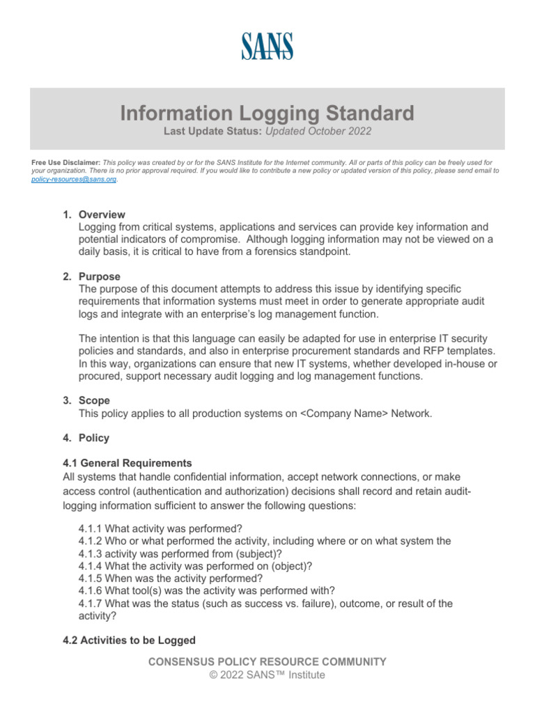 Information Logging Standard | PDF | Databases | Computer Network