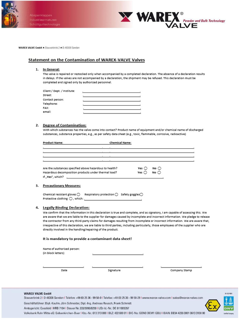 WAREX-VALVE Contamination Statement | PDF | Working Conditions ...