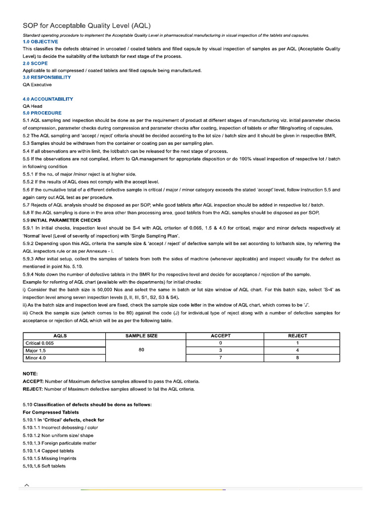SOP For AQL | PDF