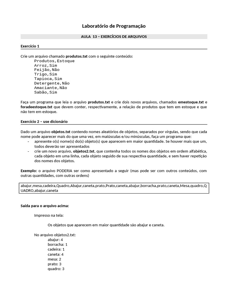 Aula13 Exercícios Arquivos LabProg-1 | PDF