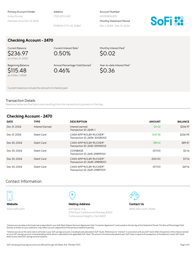 SoFi Bank Statement for Kolby Rucker | PDF | Banks | Transaction Account
