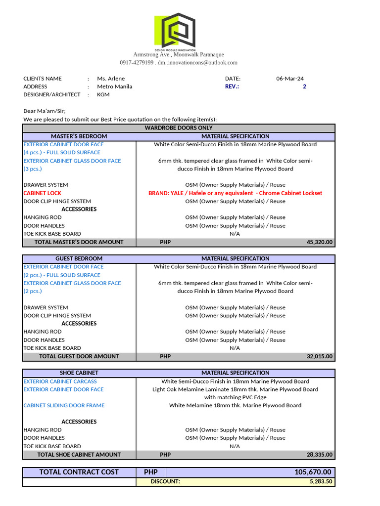 Arnold Rodriguez - Counter Tops Quotation 20MAR2024 | PDF | Door ...