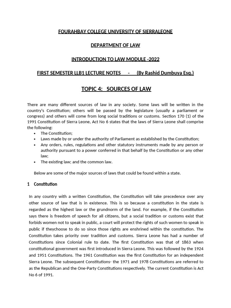 Four Main Sources of Law in Sierra Leone | PDF | Common Law | Case Law