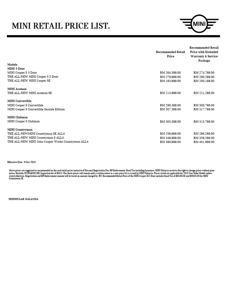 MINI Malaysia 2024 Price List | PDF | Mini | Car