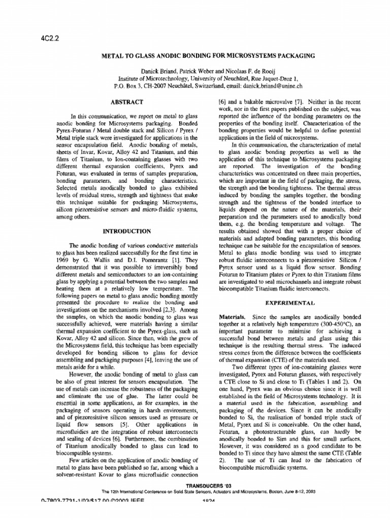 Metal-Glass Anodic Bonding for Microsystems | PDF | Thermal Expansion ...