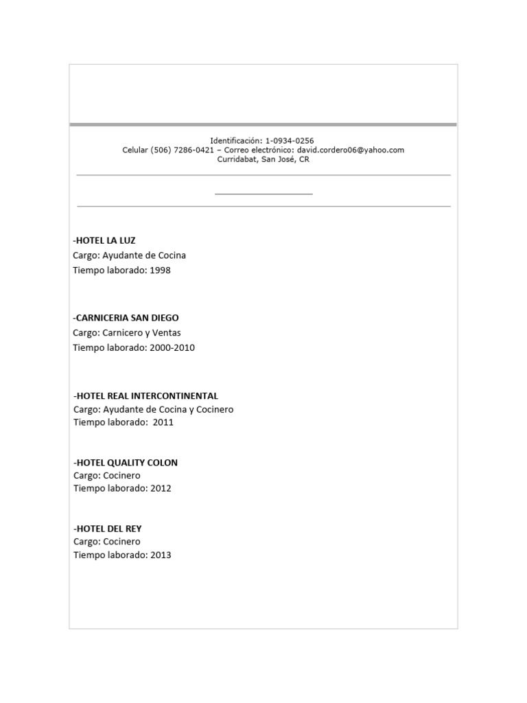 Experiencia en Cocina y Ventas de David Cordero | PDF