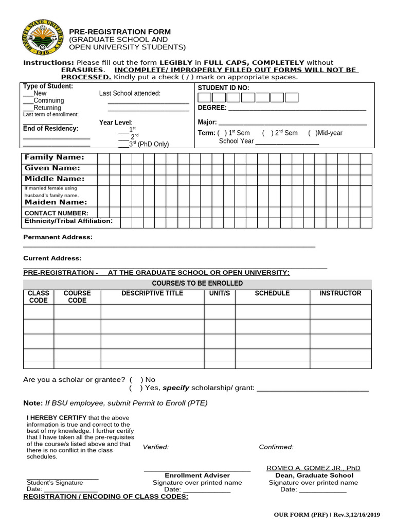 PRE REG FORM 2019-REV 3_0 | PDF