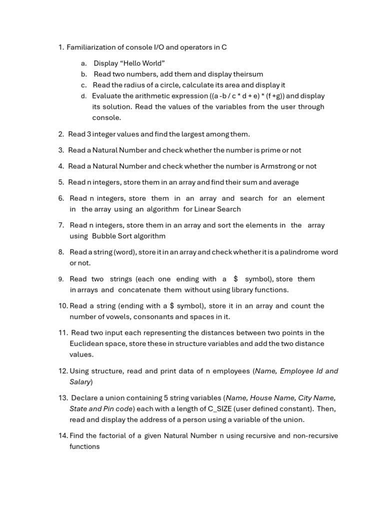 Programming In C Lab Exercises Pdf Matrix Mathematics String Computer Science