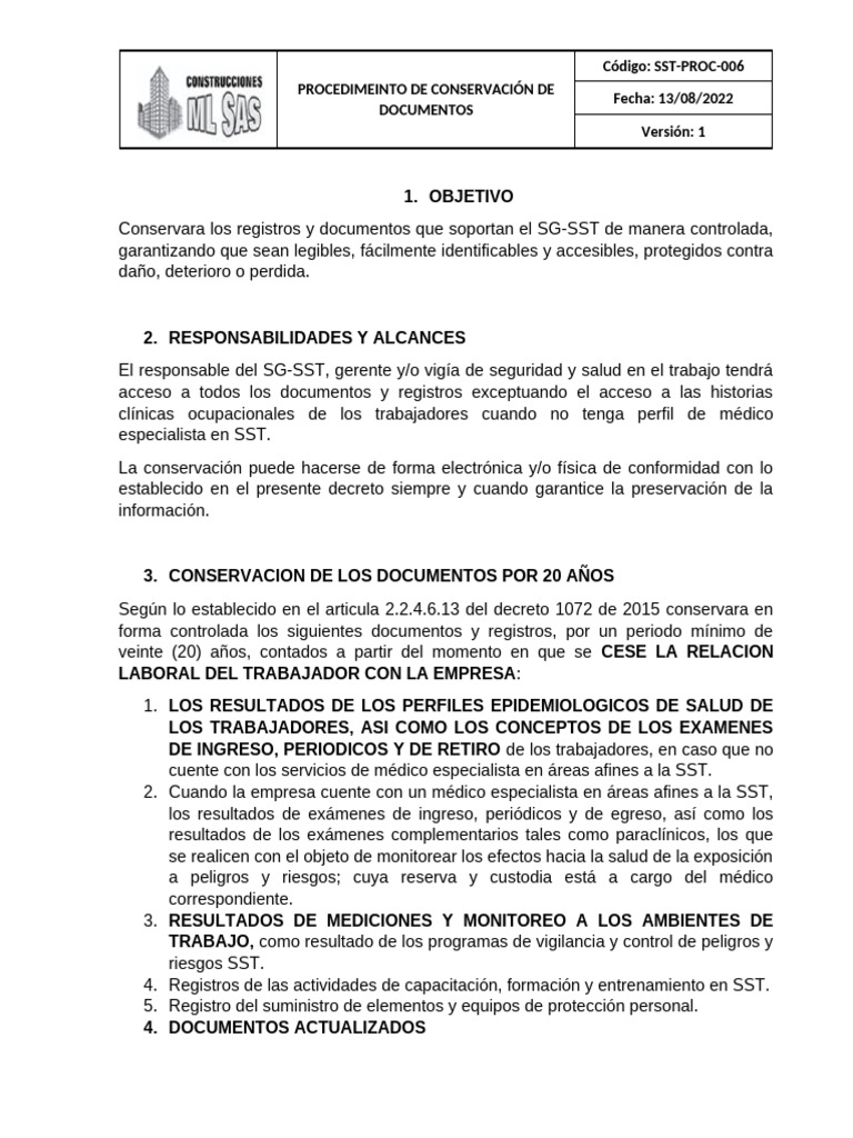 Sst-Proc-006 - Procedimeinto de Conservación de Documentos - V1 | PDF | Vigilancia | Valores