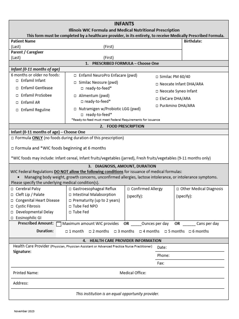 Illinois WIC Nutritional Prescription Form | PDF | Infants | Medical ...
